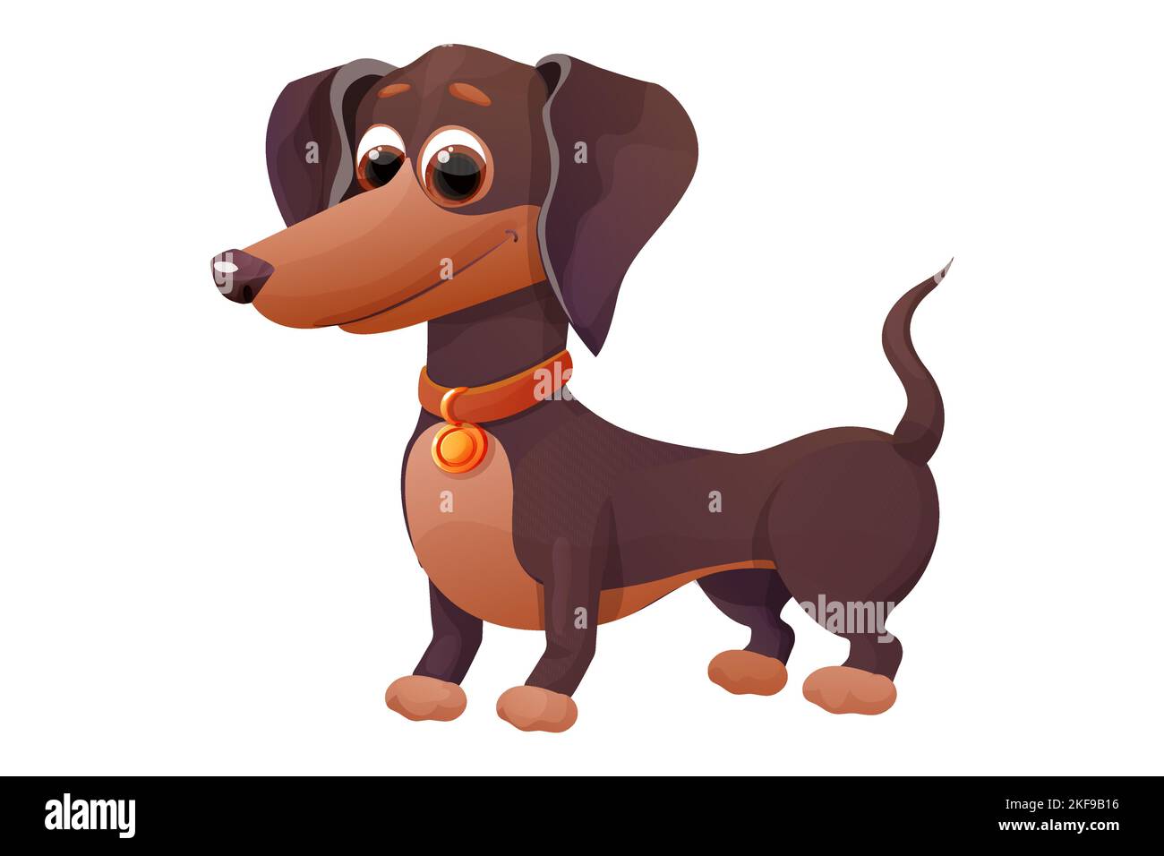 Cute dachshund puppy, standing and smiling in cartoon style, bright pet character isolated on ...