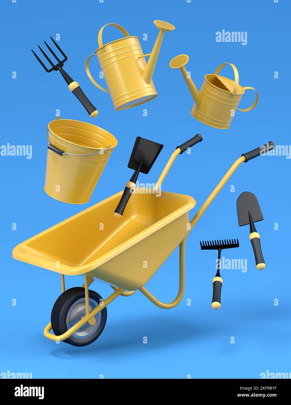 Garden wheelbarrow with garden tools like shovel, rake and fork on blue ...