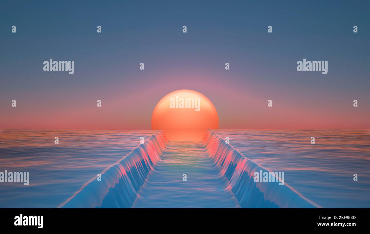surreal seascape with a hollow corridor at sunset. 3d rendering Stock ...