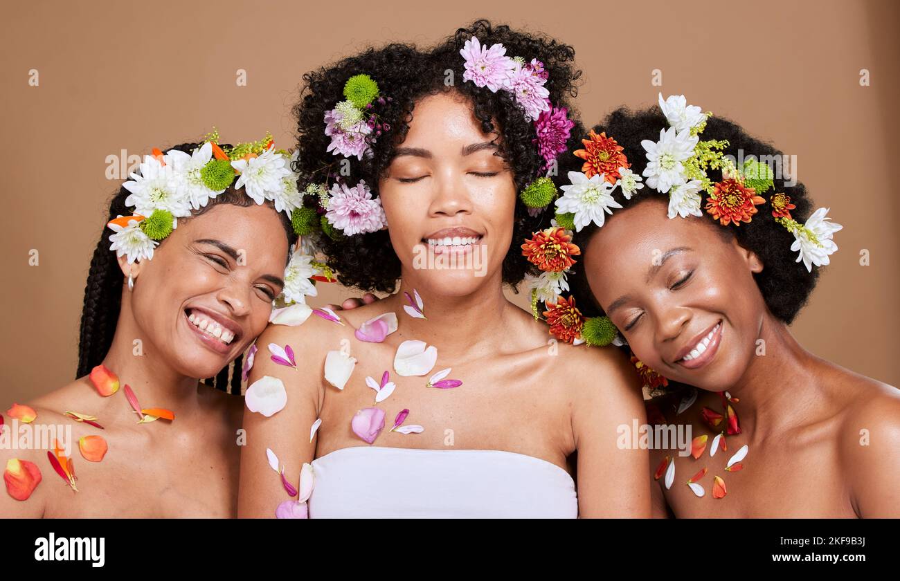 Beauty, diversity and flowers for natural hair and skincare in studio ...