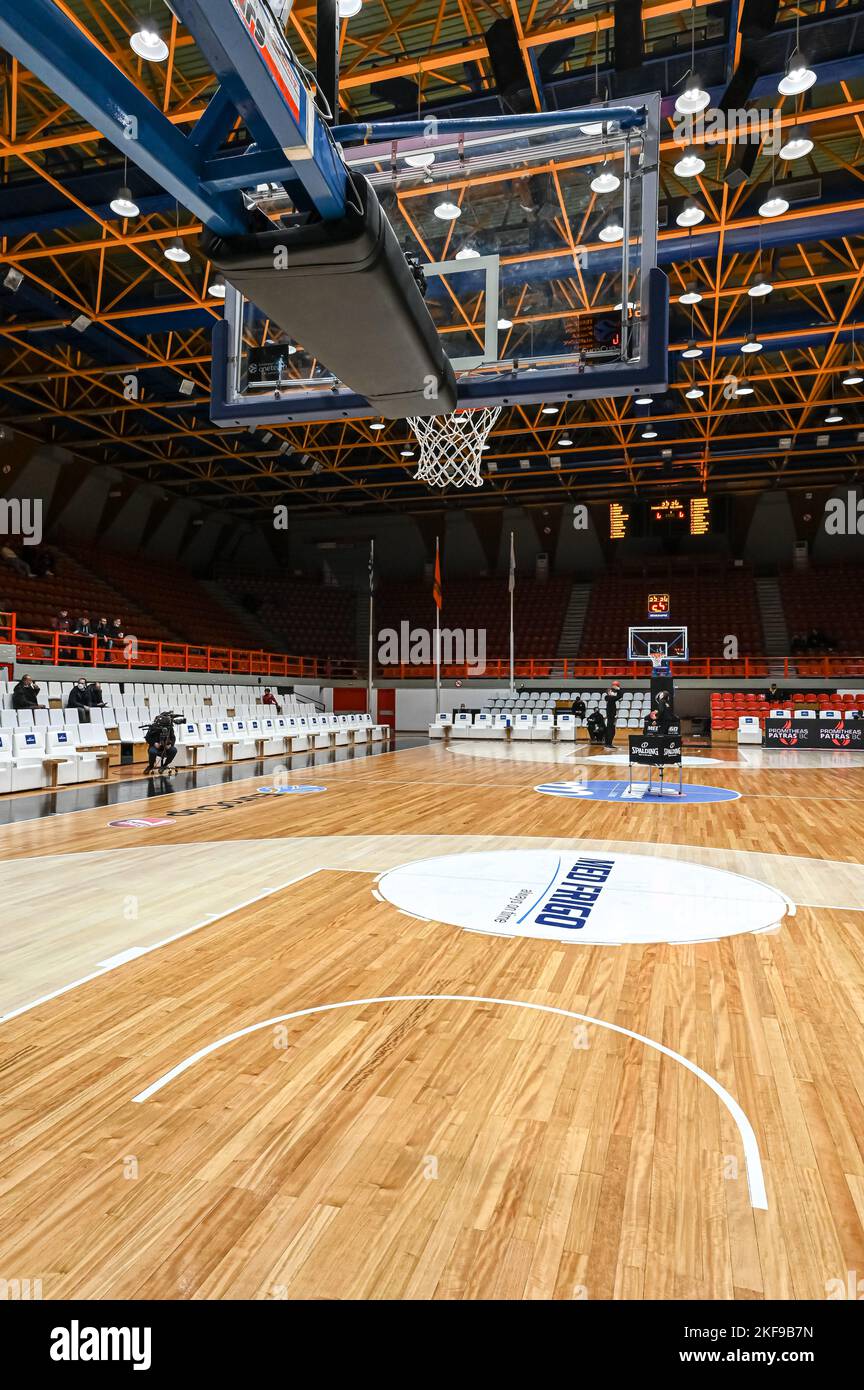 Indoor basketball basket net of white rope view from underneath against ...