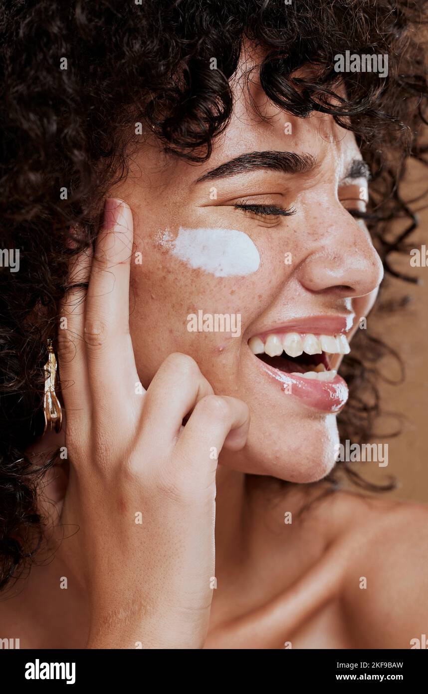 Happy woman, face cream and beauty, makeup product and sunscreen facial ...