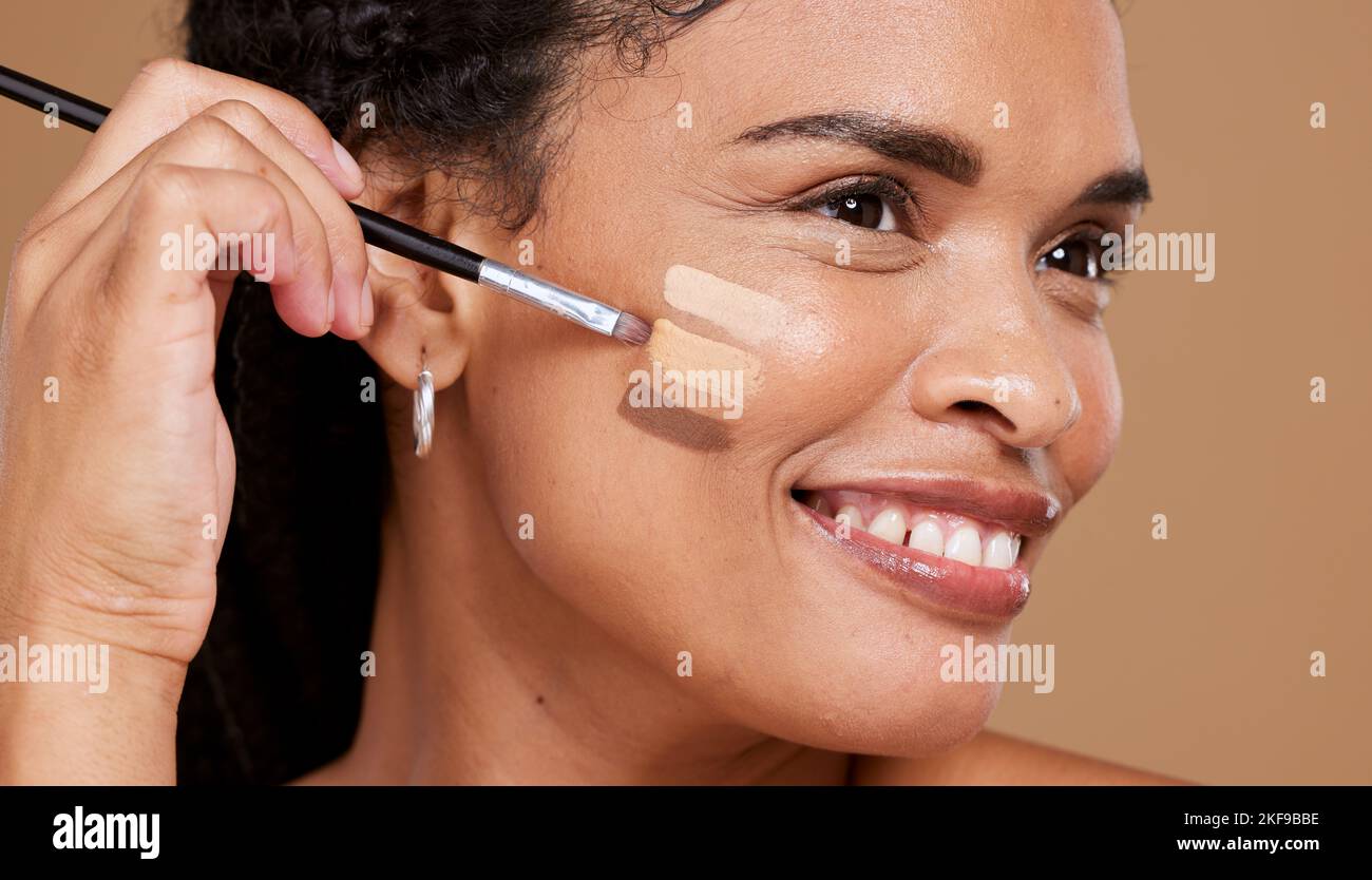 Black woman, makeup brush and foundation color, beauty and skincare for ...