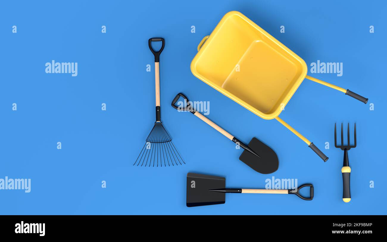 Garden wheelbarrow with garden tools like shovel, rake and fork on blue ...