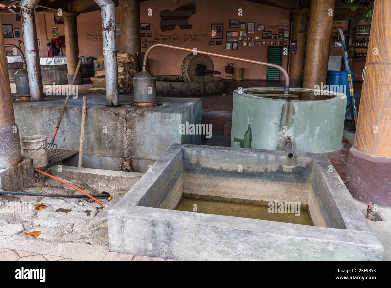 A mezcal still at an artisanal mezcal distillery, a palenque or fabrica ...