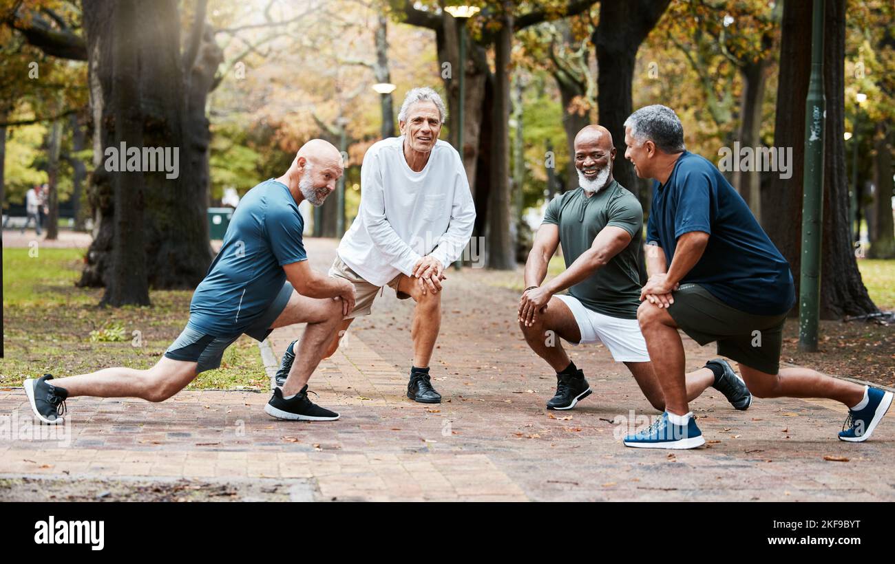 Senior, man group and stretching at outdoor together for elderly ...