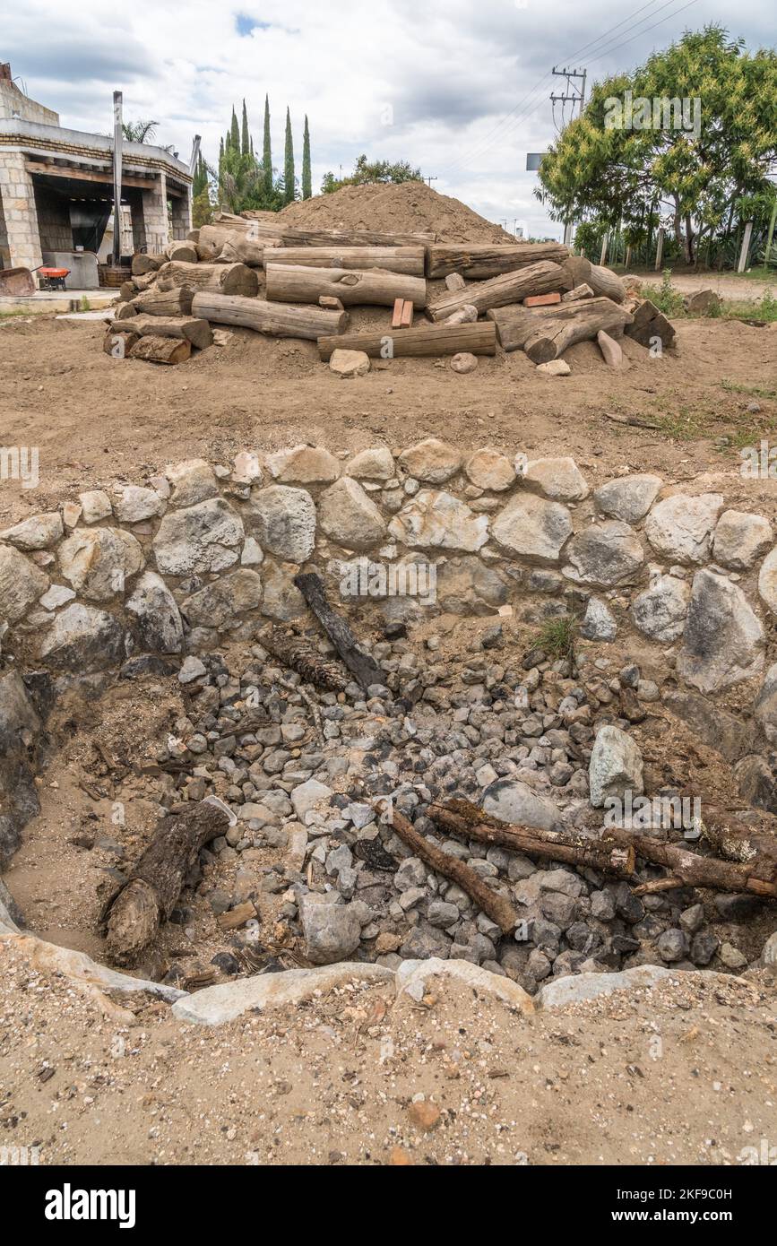 A fire pit or oven for roasting the agave hearts at an artisanal mezcal ...