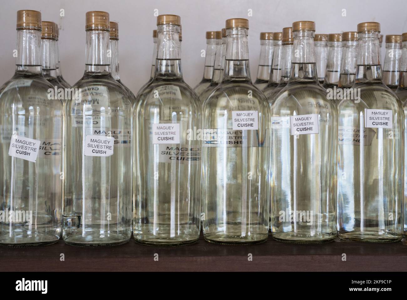 Finished mezcal at an artisanal mezcal distillery, a palenque or ...