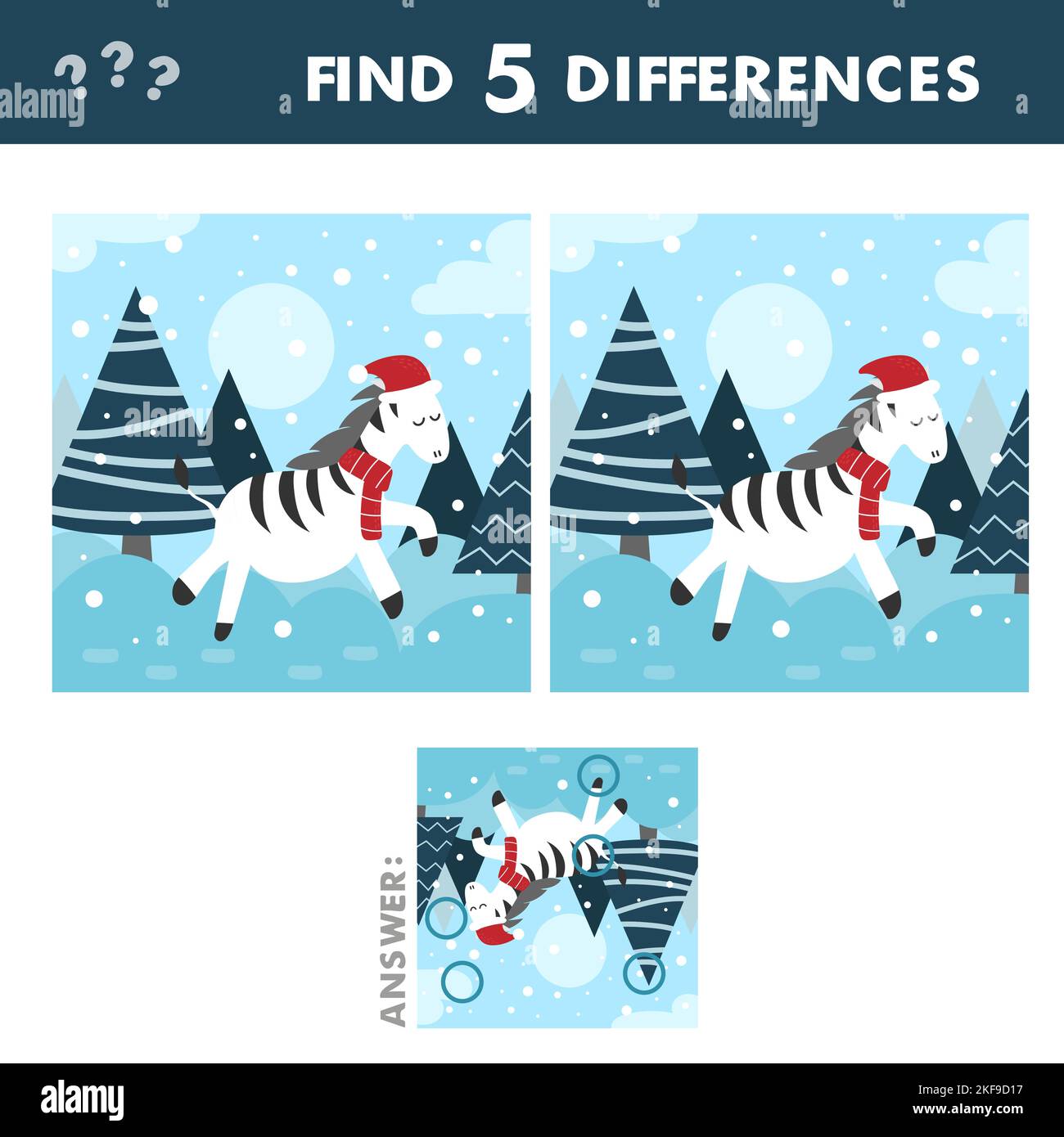 Find 5 differences. Christmas winter zebra. Game for children. Cartoon ...