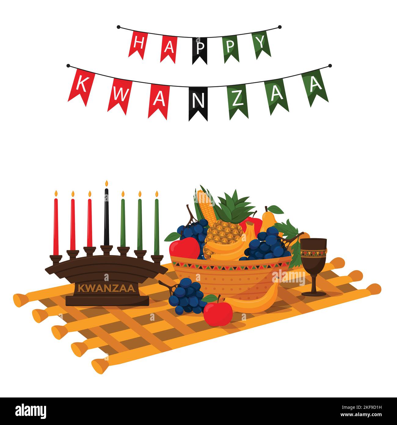 Square holiday card of Happy Kwanzaa. A composition with a woven mat, a ...