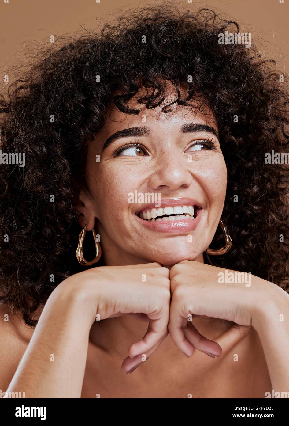 Face, makeup and woman thinking of hair care, beauty and cosmetics ...