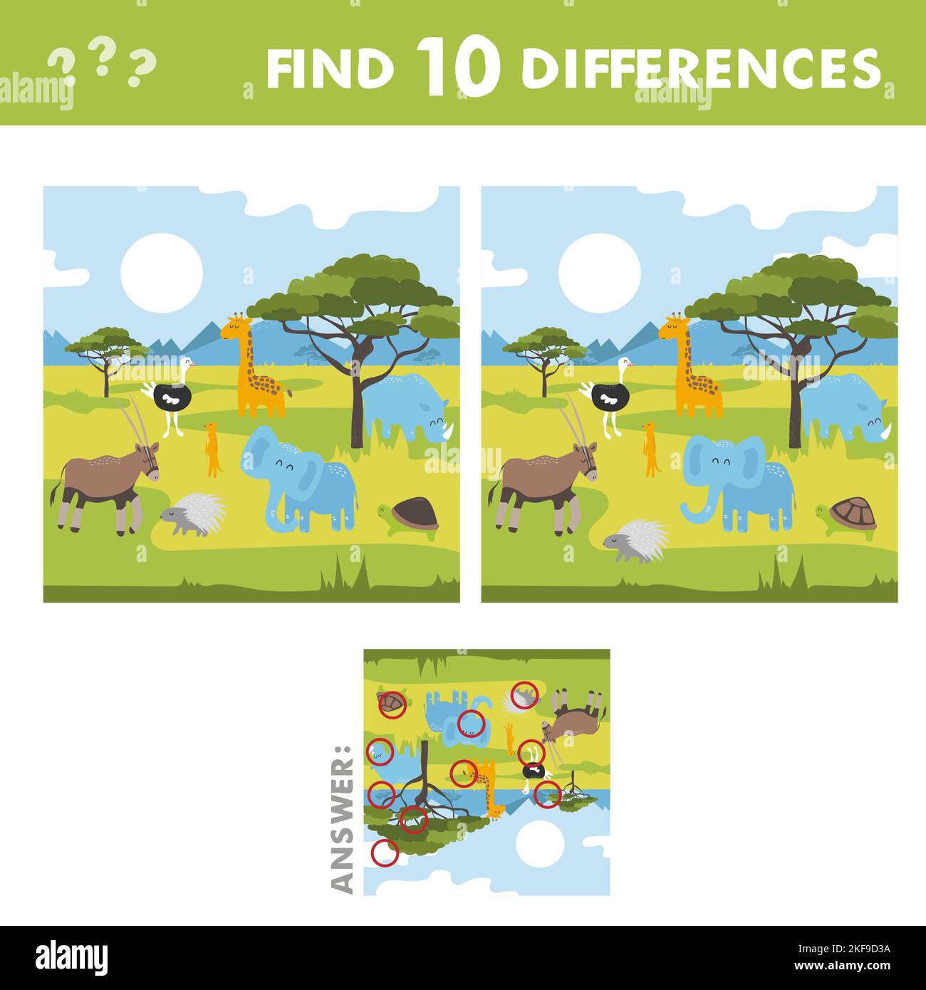 Find the 10 difference. Funny animals on the background of African ...