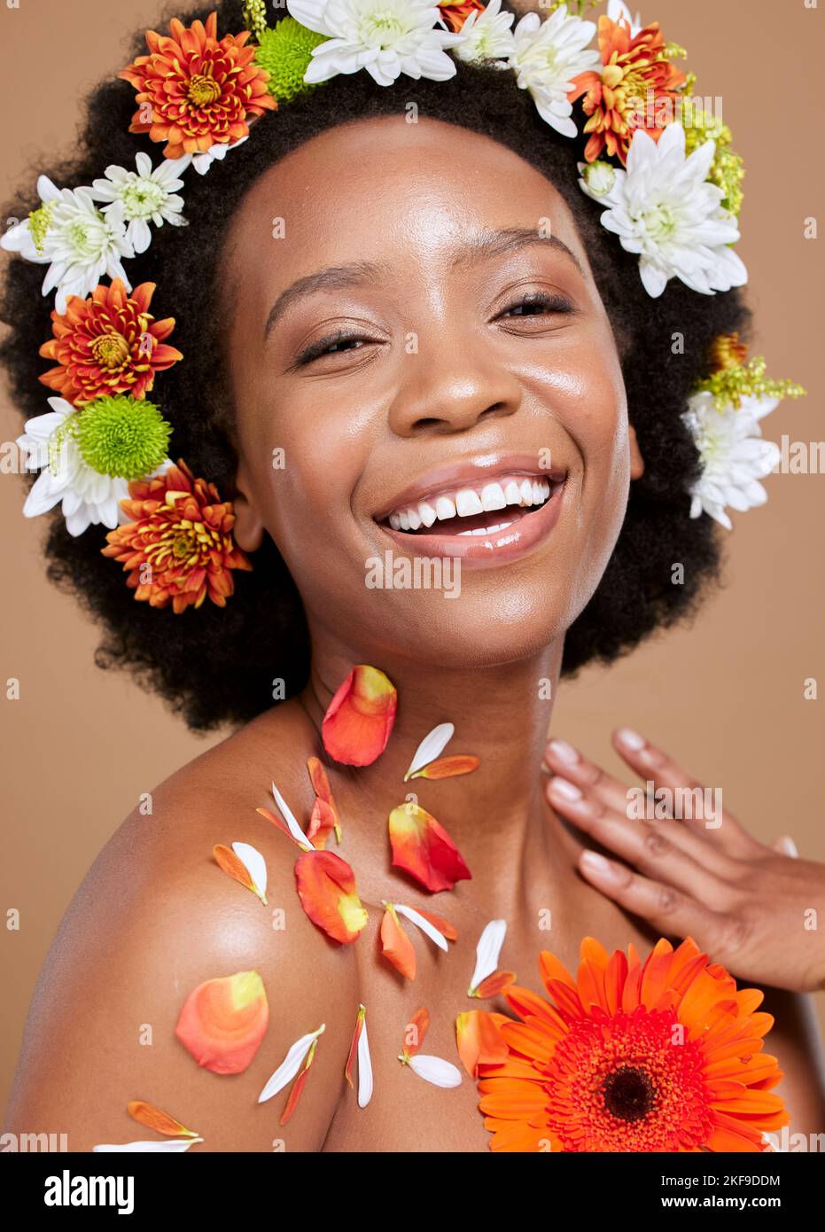 Flowers crown, beauty and portrait of black woman with smile on brown ...