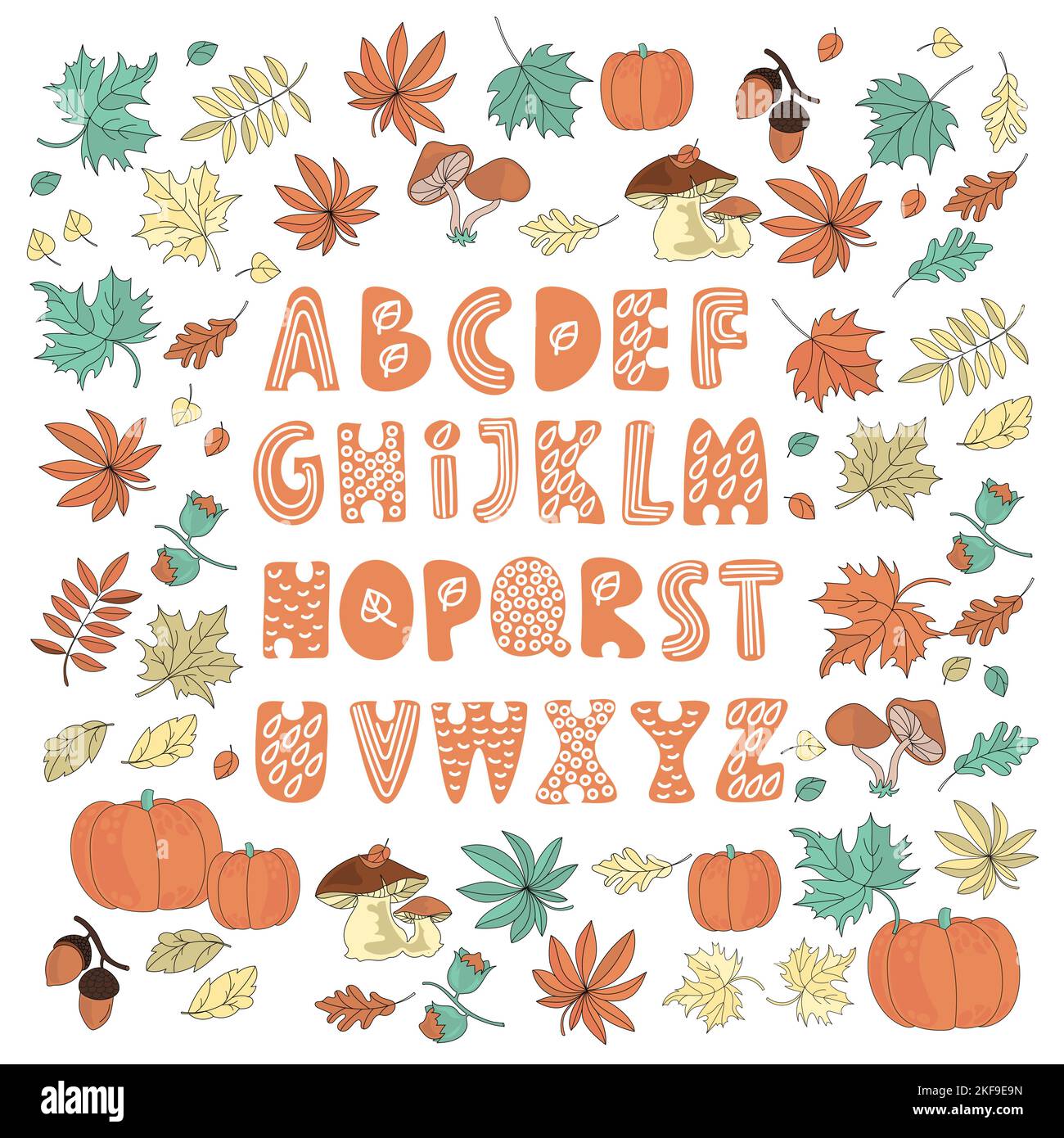 AUTUMN ALPHABET Fall Season Letters Cartoon Decorative Vector ...