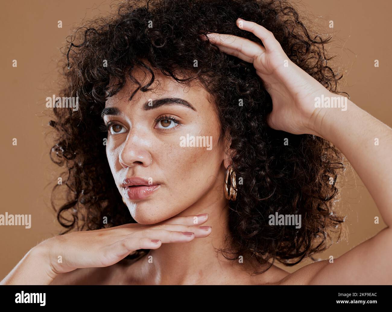 Face, hands and woman natural afro and skincare beauty or cosmetics ...