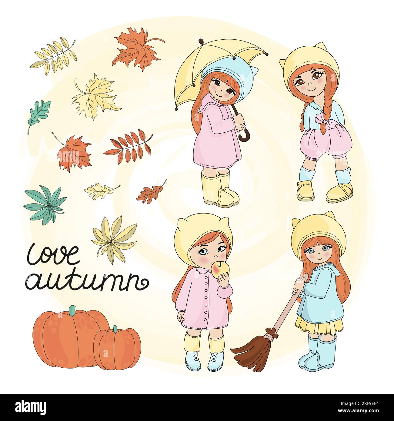 AUTUMN GIRLS Fall Cartoon Children Season Weather Vector Illustration ...