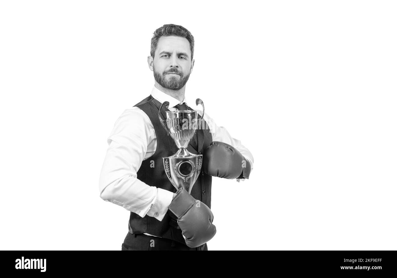 boss show victory and authority. businessman in boxing gloves with ...