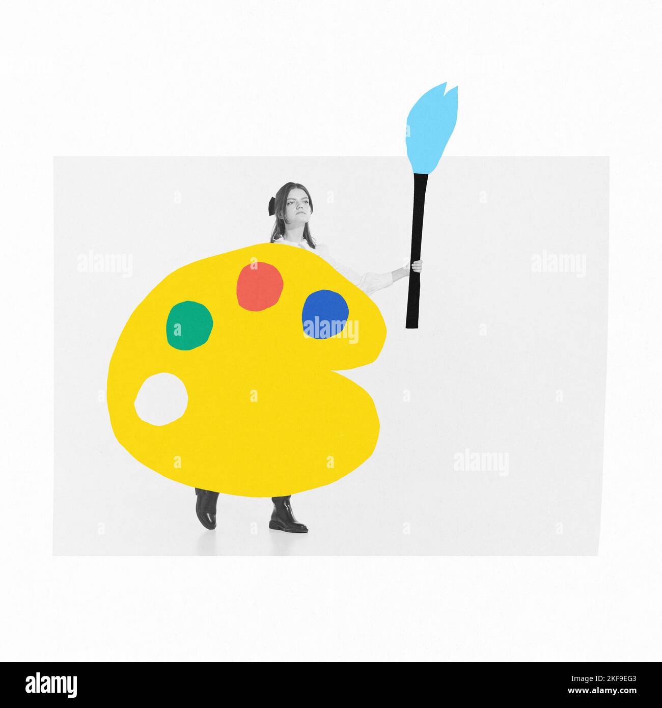 Contemporary art collage. Creative design with young girl, painter with ...