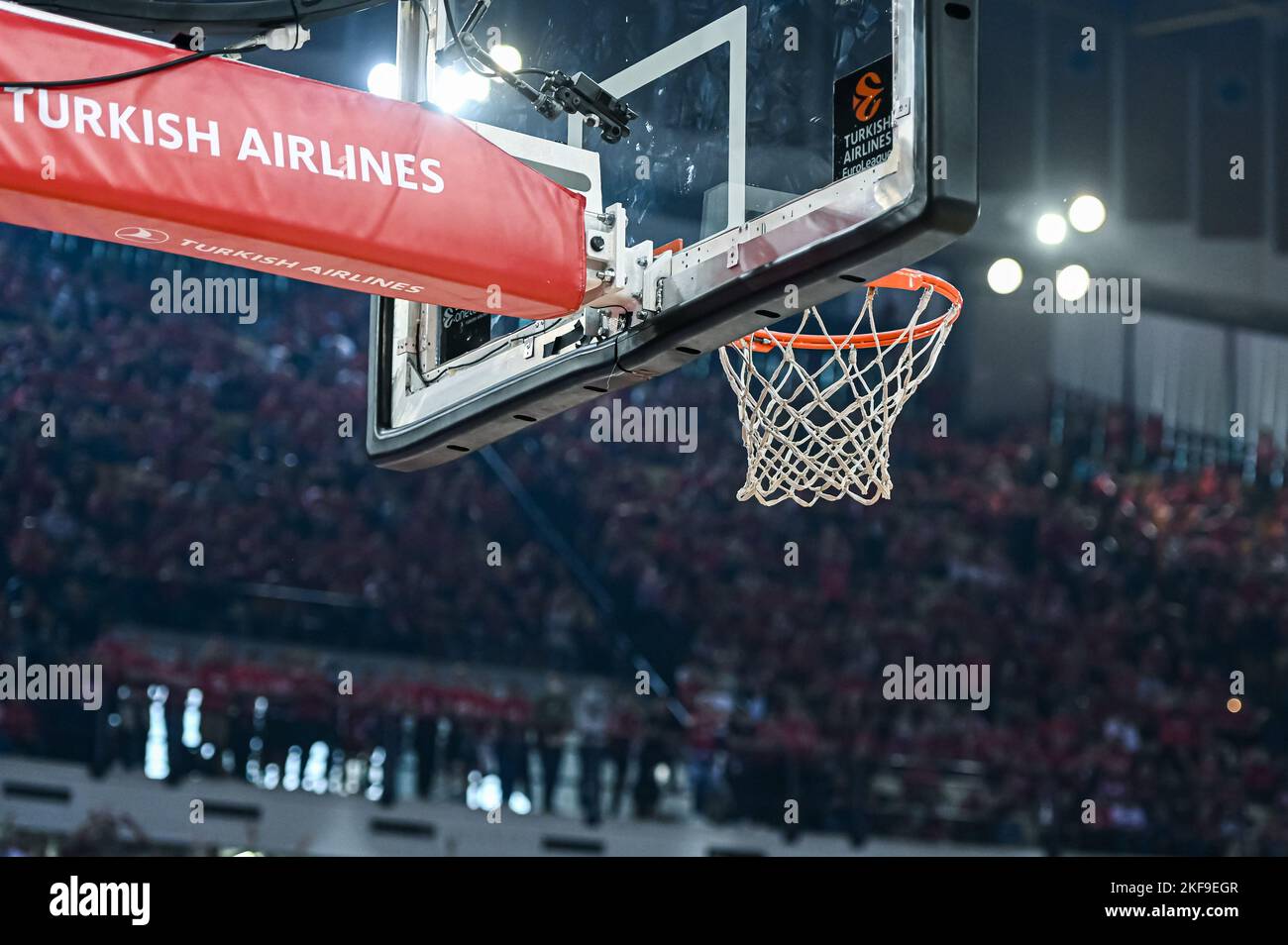 Indoor basketball basket net of white rope view from underneath against ...
