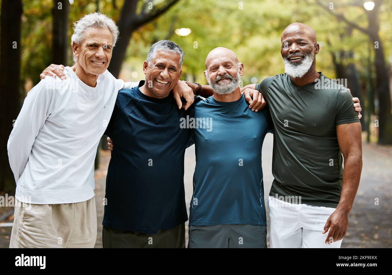 Fitness portrait of senior diversity friends on outdoor exercise run ...