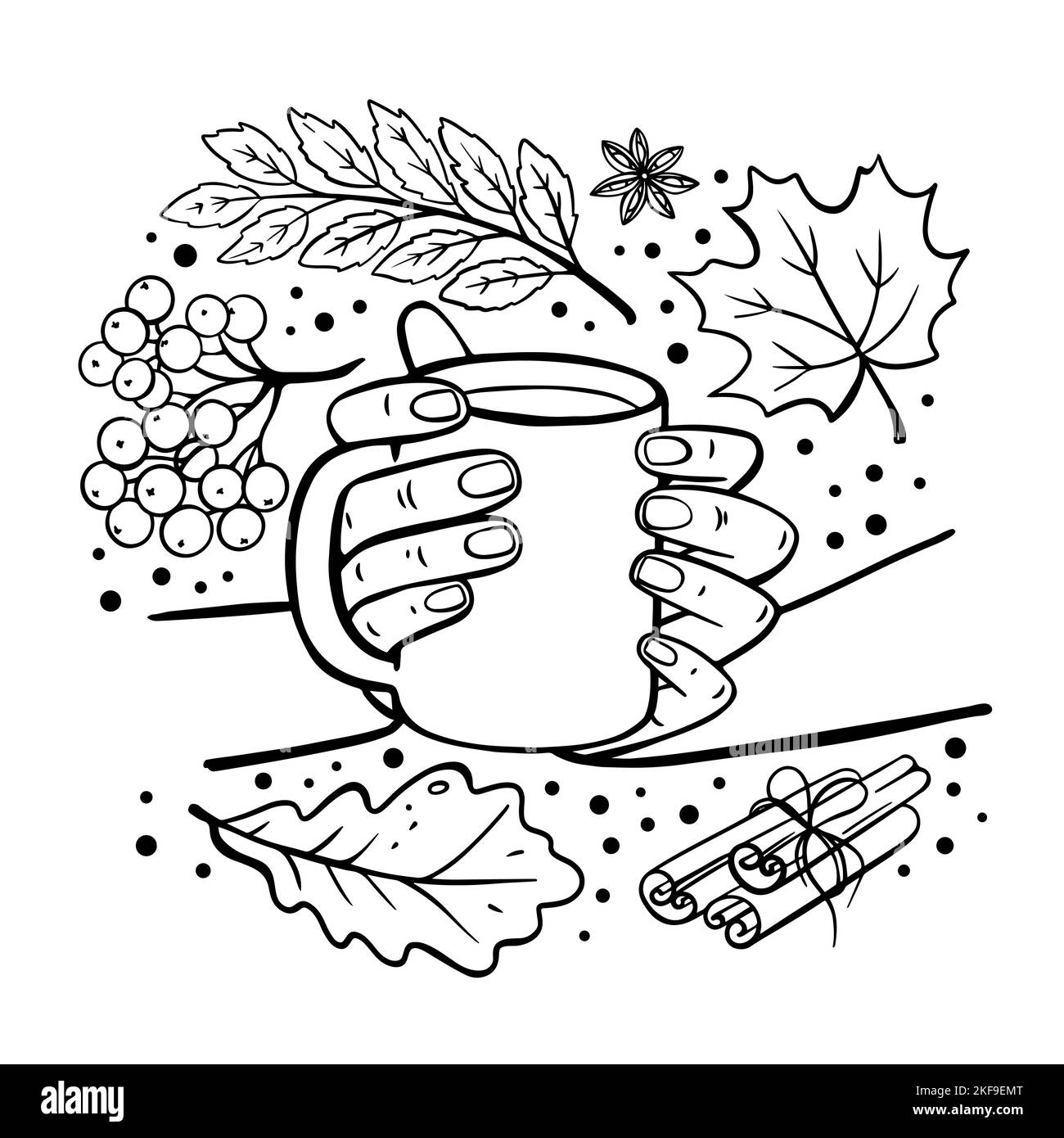AUTUMN MUG IN HANDS Fall Garden Nature Hand Drawn Flat Design Cartoon ...