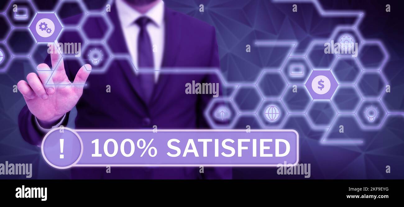 Text caption presenting 100 Satisfied. Concept meaning Products and services surpass customer ...
