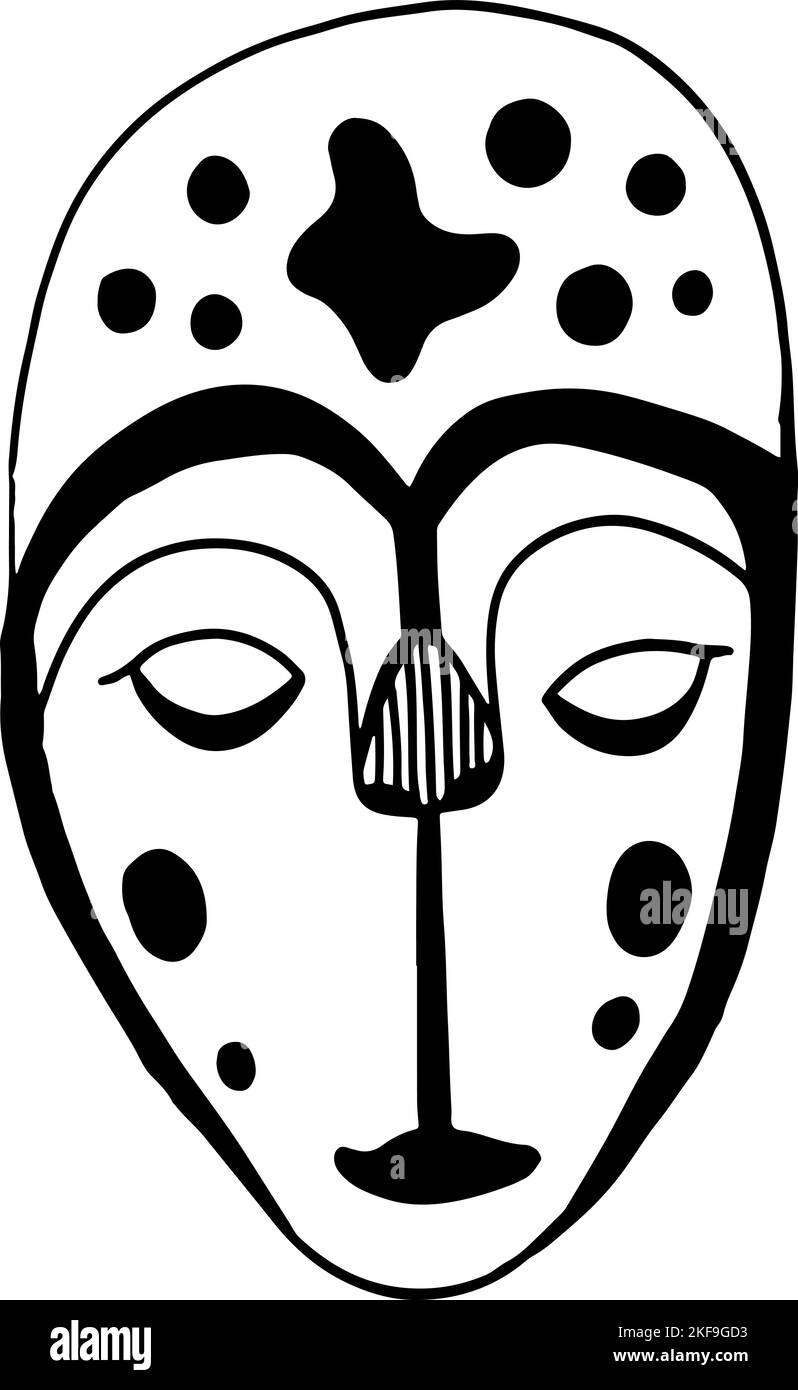 African tribal ritual mask. Doodle hand drawn outline simple art. Line ...