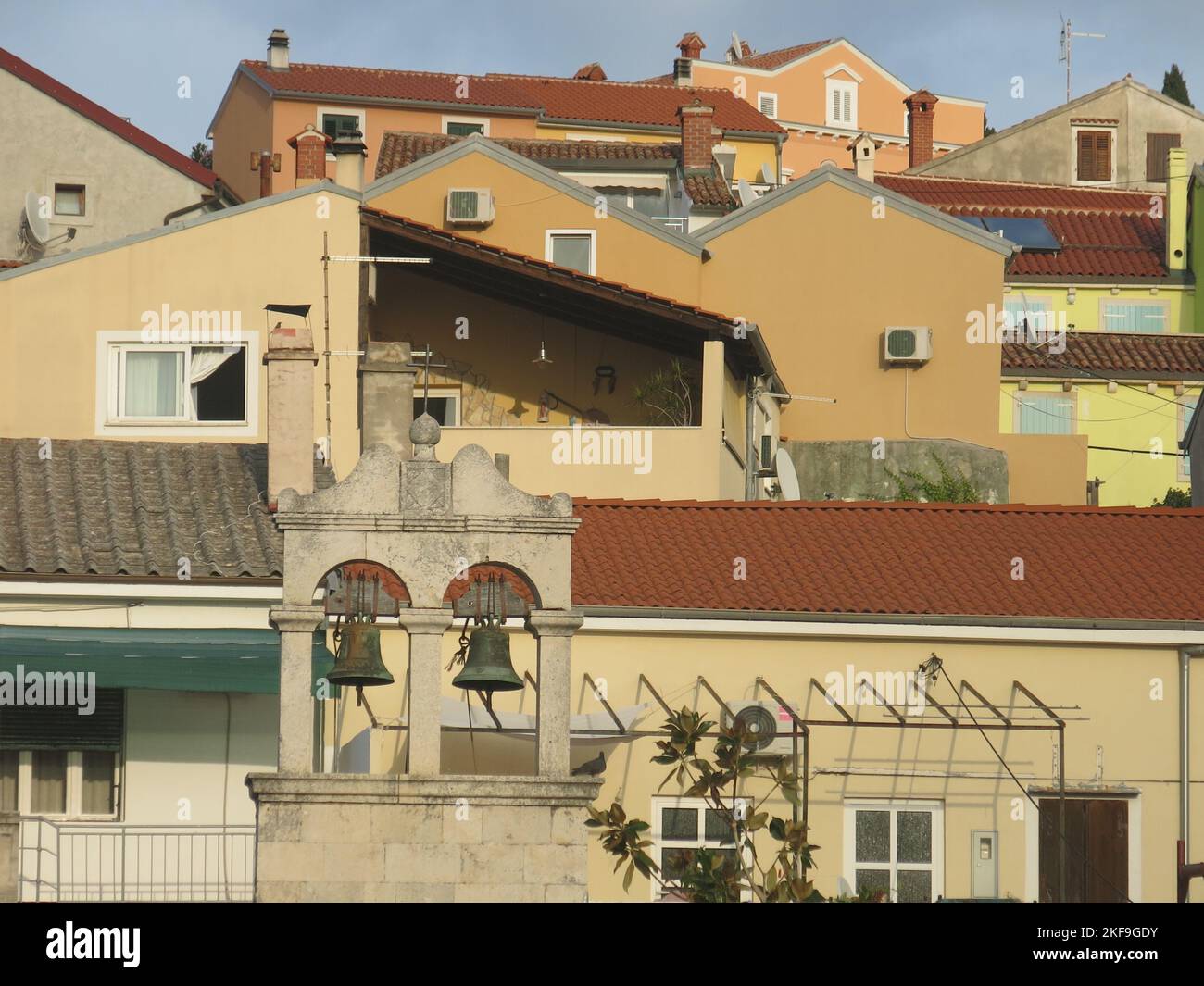 Close-up of the pitched roofs and colourful building facades of the ...