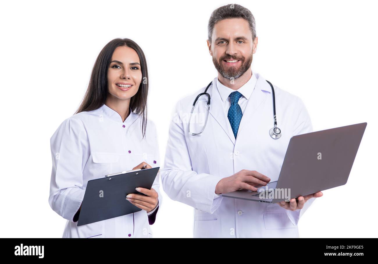 happy doctor with internist noting ehealth. doctor and internist wear ...