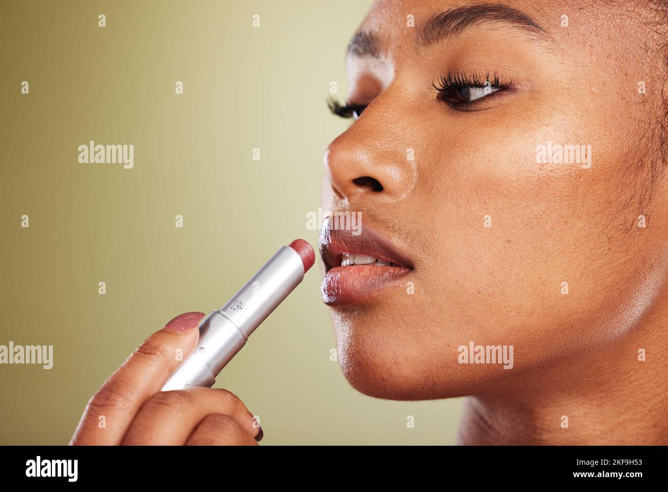 Lipstick, black woman and skincare for wellness, cosmetics, smooth lips ...