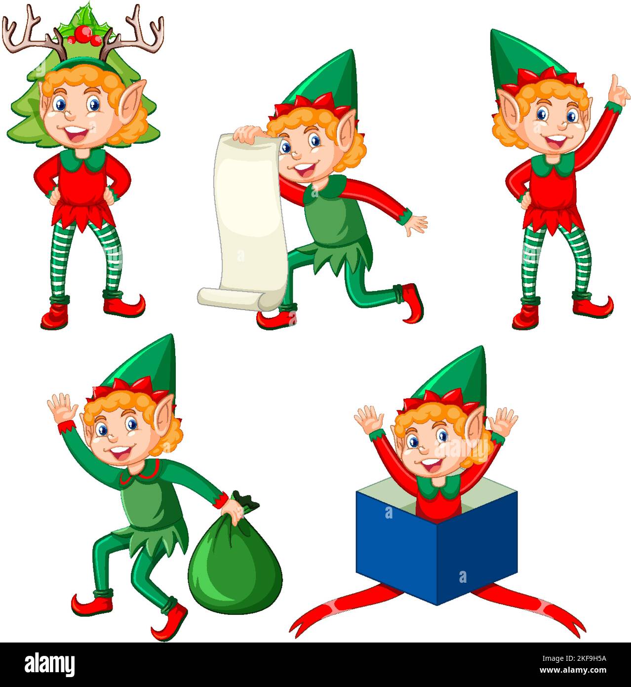 Cute kid wearing elf costume cartoon set illustration Stock Vector ...
