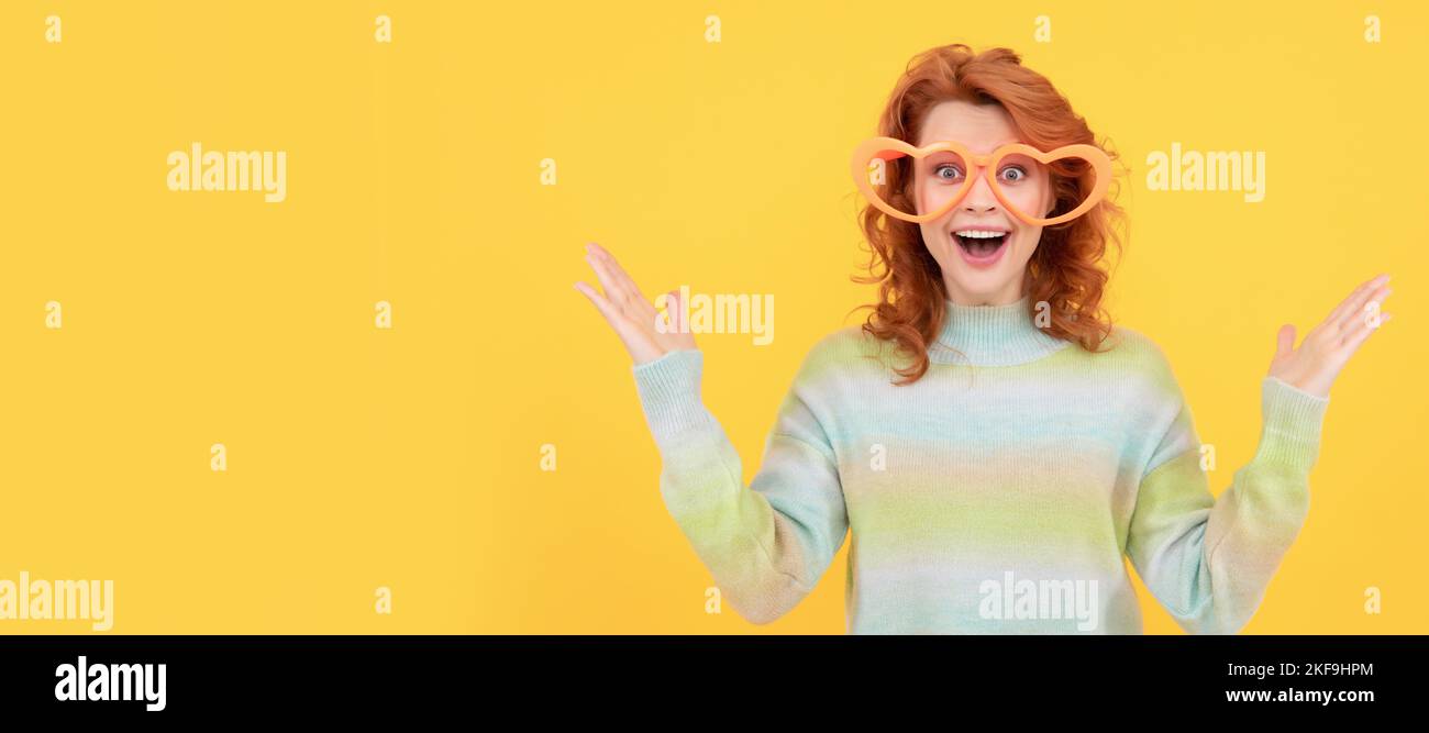 Woman isolated face portrait, banner with copy space. what a surprise ...