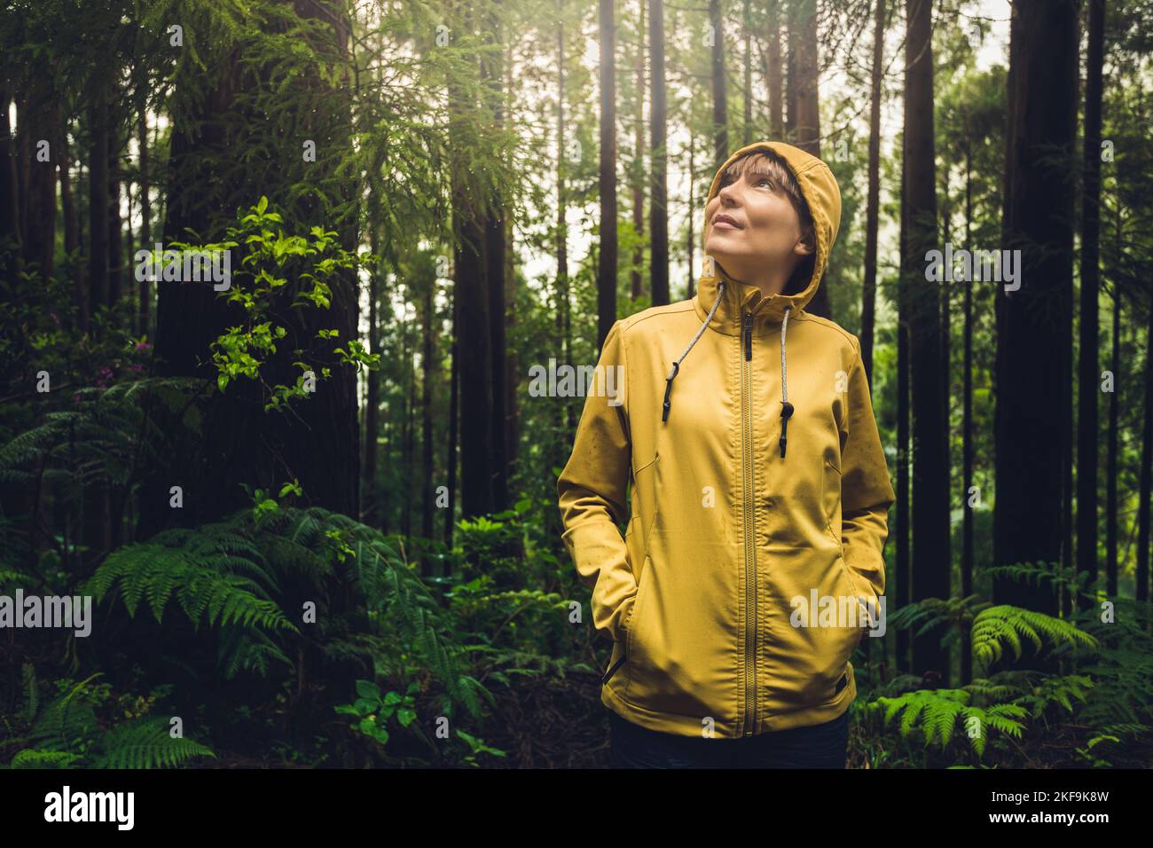 Woman alone in the forest enjoying the nature Stock Photo - Alamy