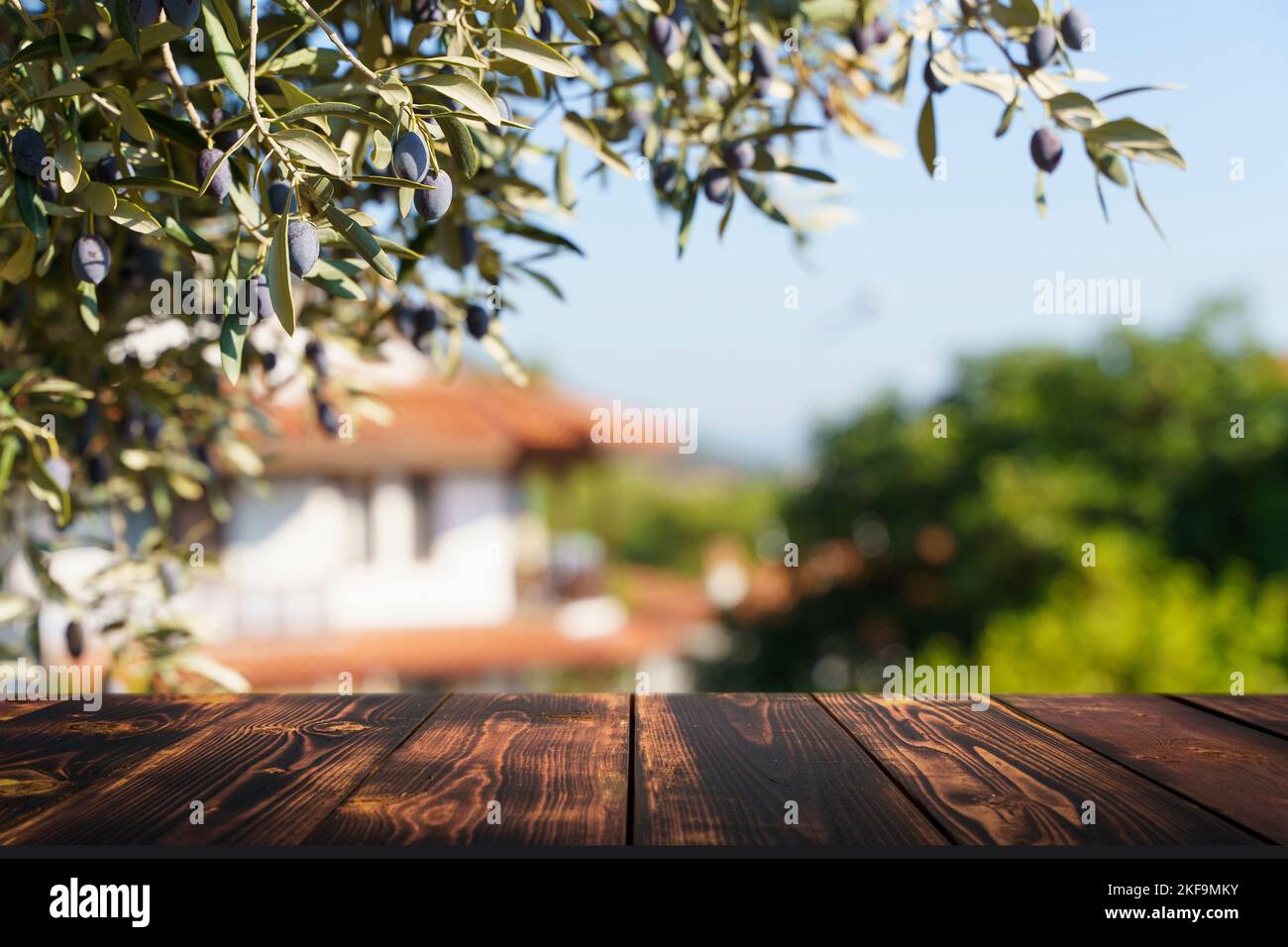 Wooden table on the background of olive trees and a farm garden. Summer ...