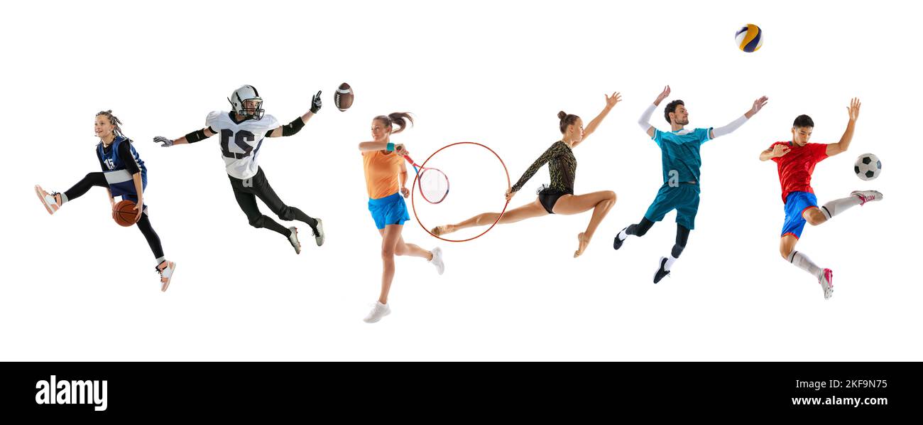 Collage. Different people, sportsmen in action, playing, training ...
