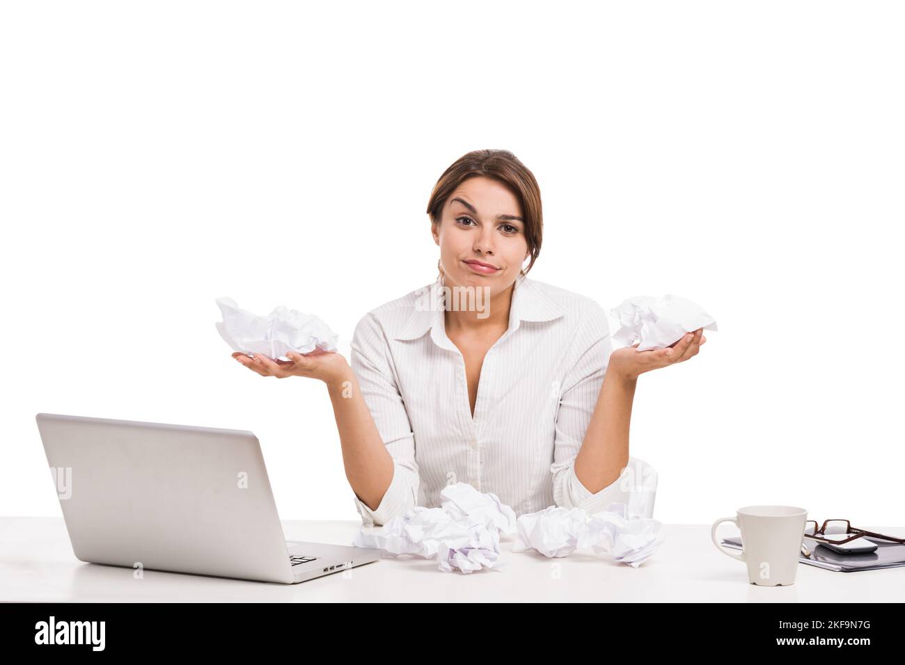 Stressed and sad business woman in the office isolated over a white ...