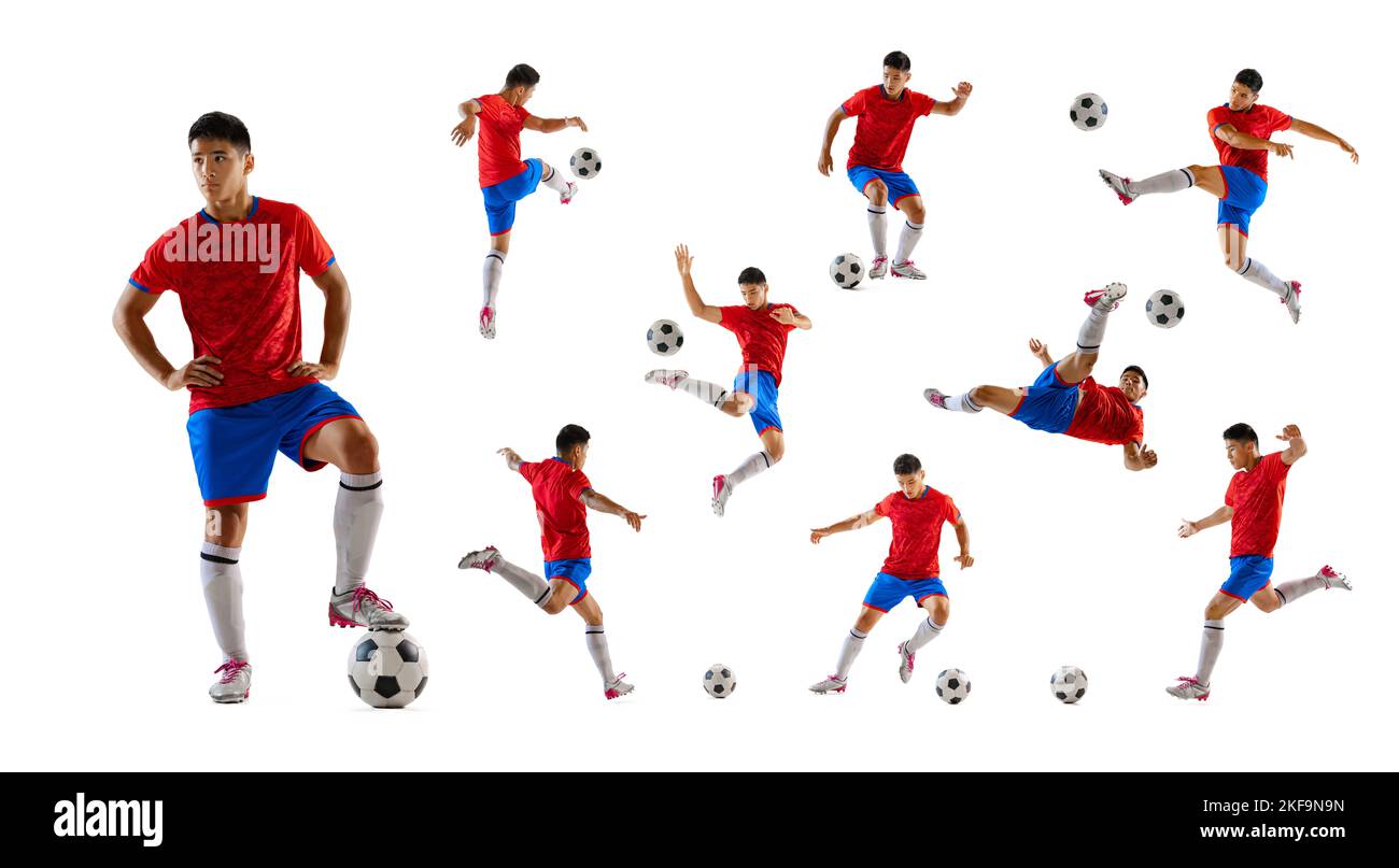 Collage of movements of young man, professional male soccer, football ...