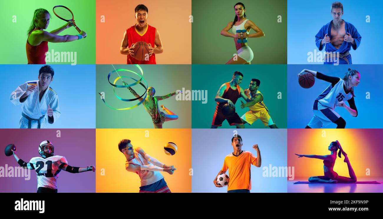 Collage. People, atheletes of different age doing various sports ...