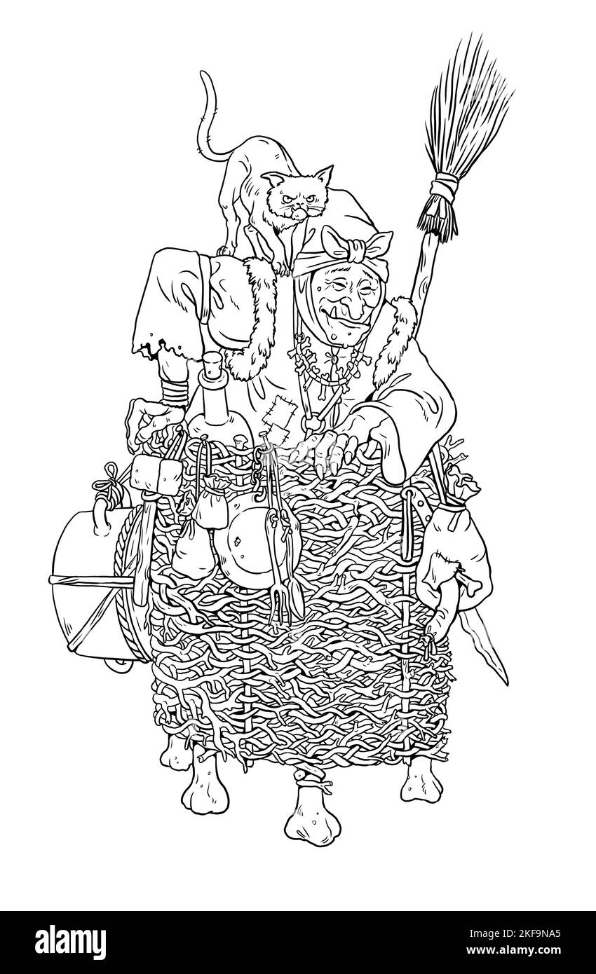 Old witch with the broom and terrible cat. Coloring template with ...