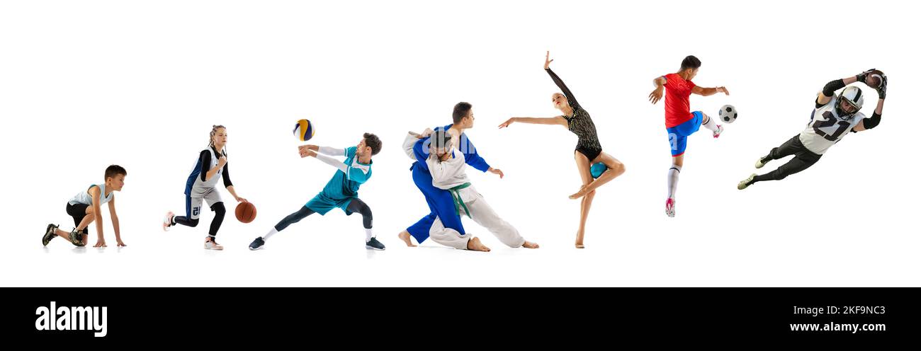 Collage of movements of young professional athletes in motion, training ...