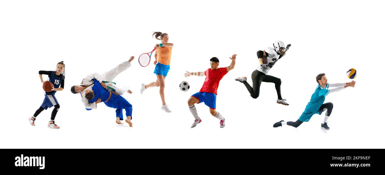 Collage. Different people, sportsmen in action, playing, training ...