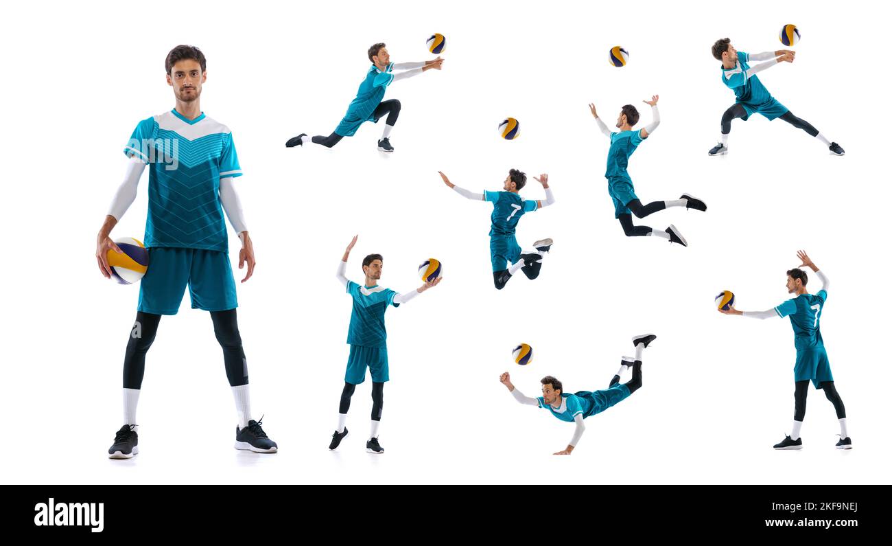 Collage of movements. Young man, volleyball player in motion, training ...