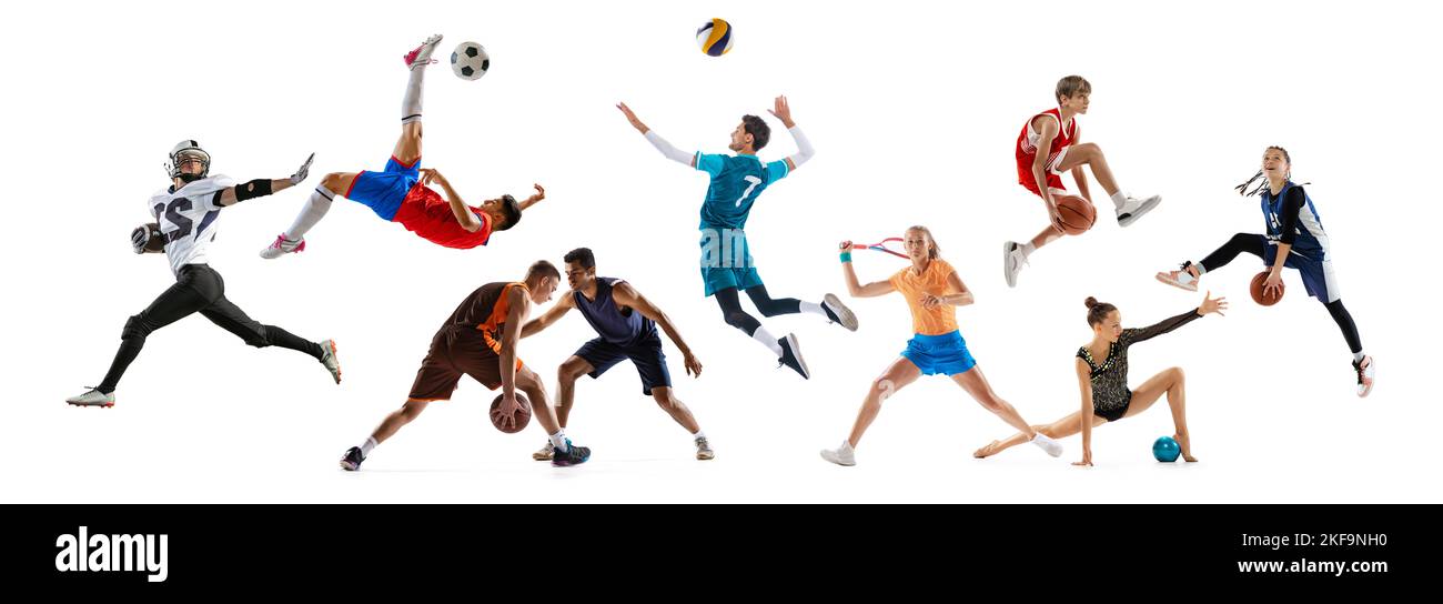 Collage. Different people, sportsmen in action, playing, training ...