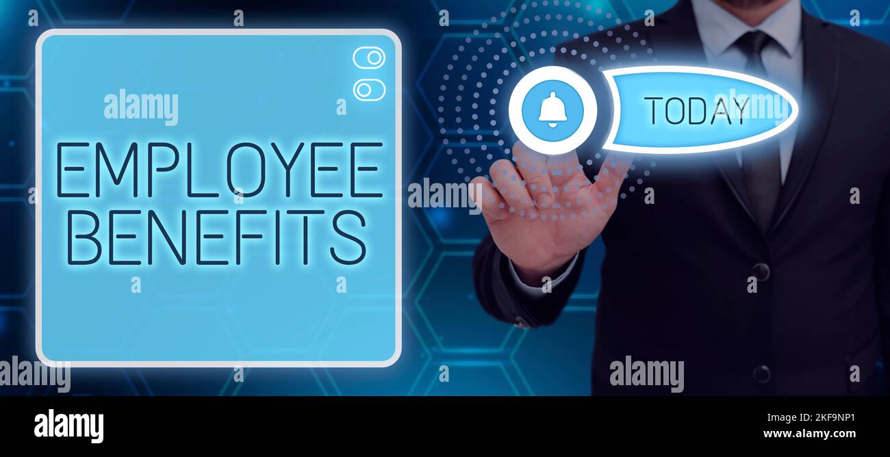 Conceptual caption Employee Benefits. Conceptual photo form of ...