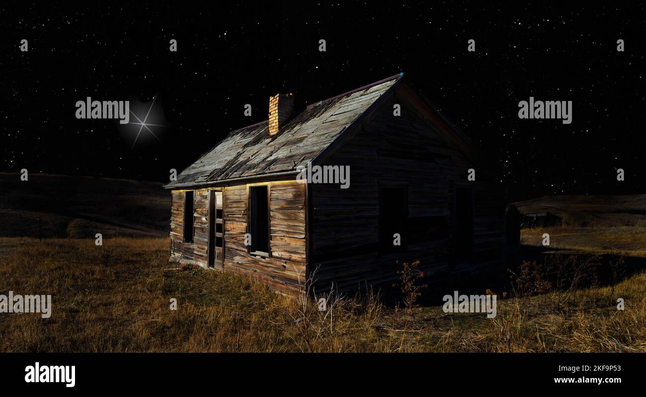 Starry night with one bright star that is over an old house Stock Photo ...