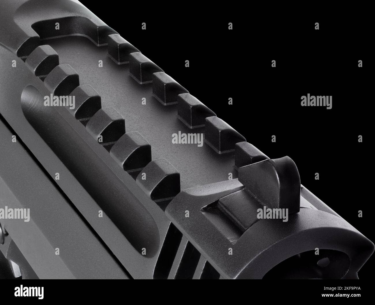 Rail and front sight on a big handgun on a black background Stock Photo ...