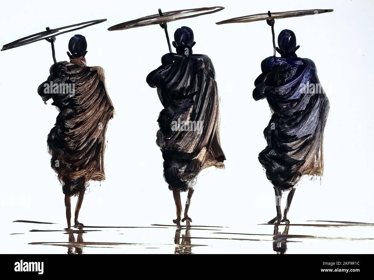 drei Mönche mit Sonnenschirm, Historische Landschaft in Südostasien, Lackbild aus dem 19 ...