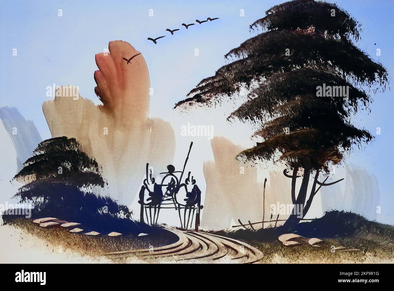 Bauer mit Pferdegespann, Baum, Historische Landschaft in Südostasien ...