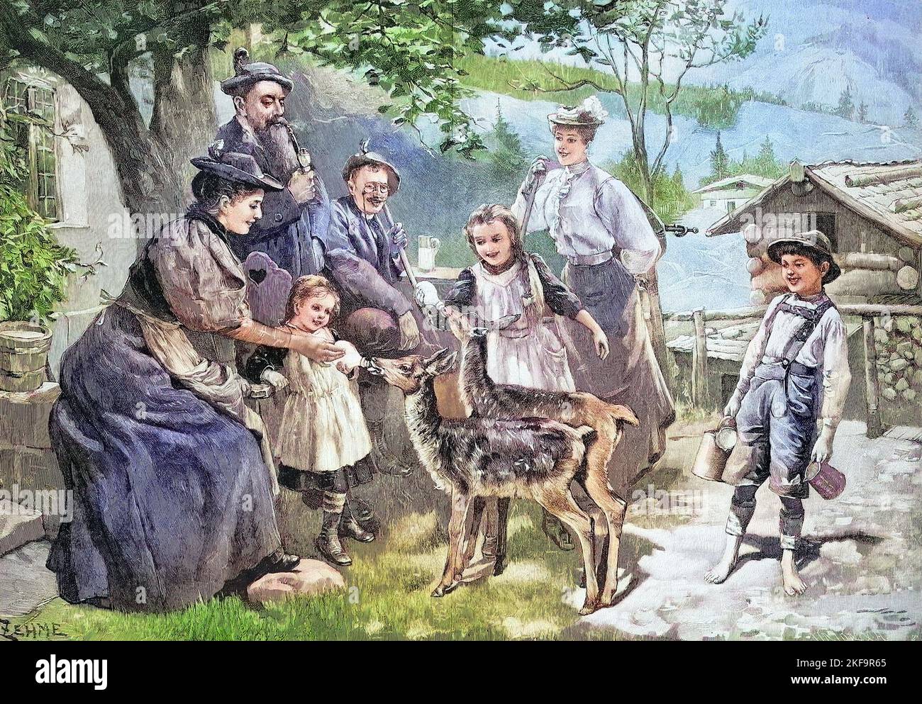 Zwei mutterlose Rehkitze werden in der Bauernfamilie mit der Flasche ...