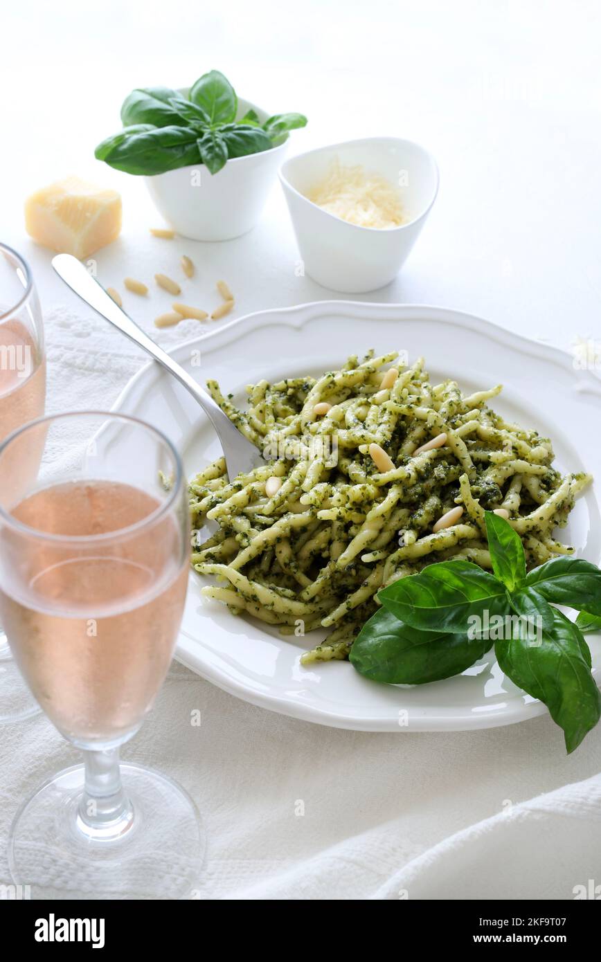 Italian food. Traditional trofie pasta with basil and pine nut pesto ...